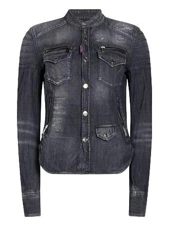 Dsquared2 Distressed Cotton Denim Shirt With Mandarin Collar - Grey