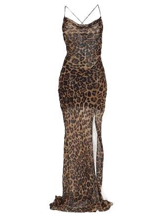 Blumarine Silk Georgette Leopard Print Maxi Dress - Beige