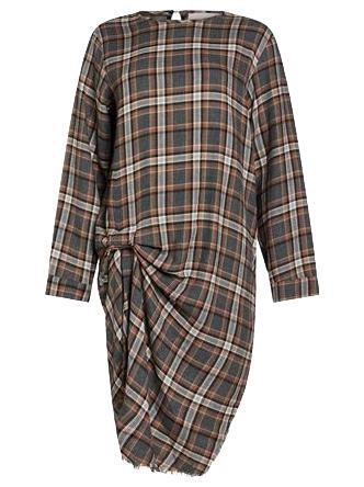 8PM Tartan Pattern Gathered Crewneck Midi Dress - Grey