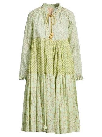 Yvonne S Light Cotton Tiered Embroidered Midi Dress - Green