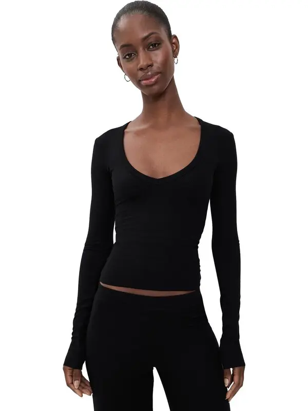 Eterne Ribbed V-neck Long Sleeve Tee - Black