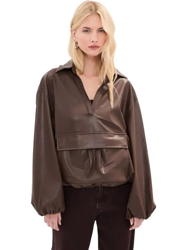 LE BOP Pippa Faux Leather Pullover With Front Pocket - Coffee