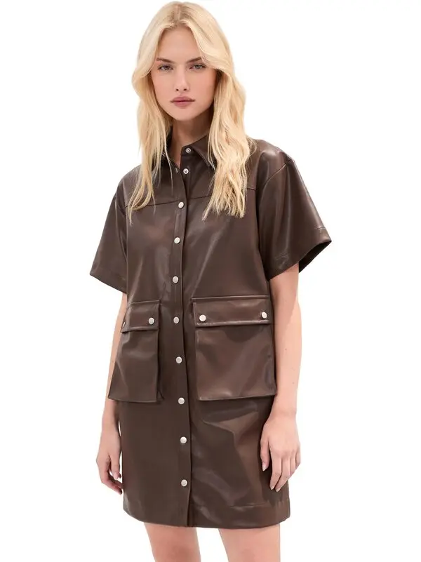 LE BOP Mariette Faux Leather Utility Mini Dress - Coffee