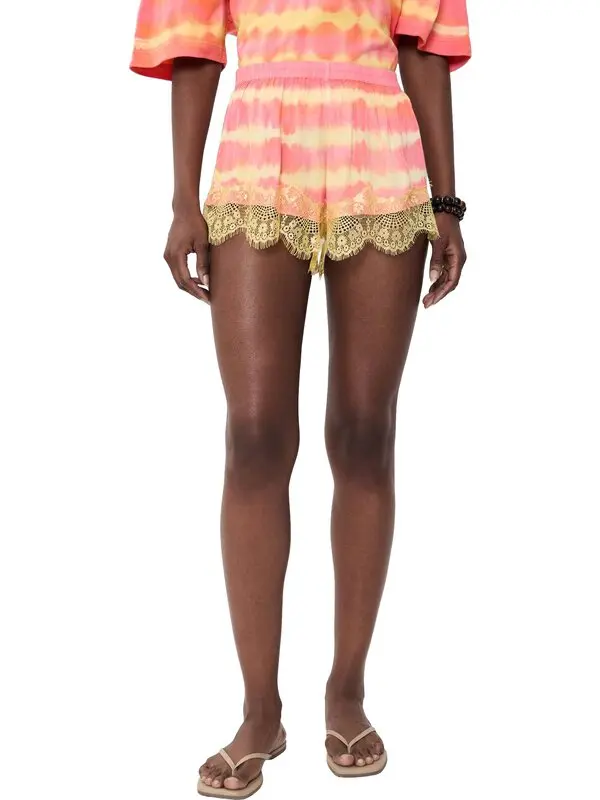 CIAO CIAO VACATION Pink Tie-dye Lace Trim Shorts - Sunkiss