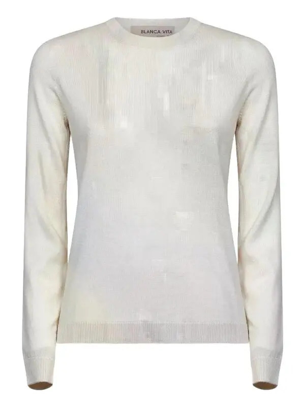 BLANCA VITA Ribbed Trim Fine Knit Top - Neutrals