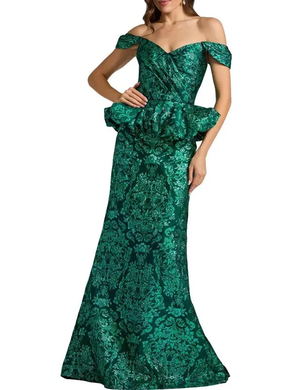 Tadashi Shoji Corliss Peplum Damask-pattern Maxi Dress - Green