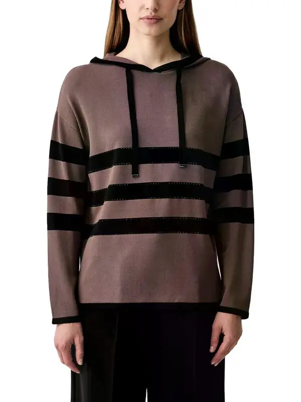 Joseph Ribkoff Rhinestone Embellished Striped Hoodie - Brown