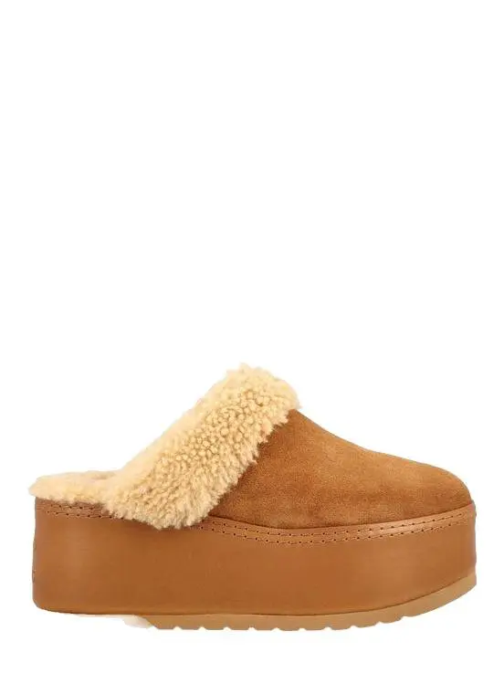Celine Dana Wedge Mule In Suede Calfskin And Shearling - Brown