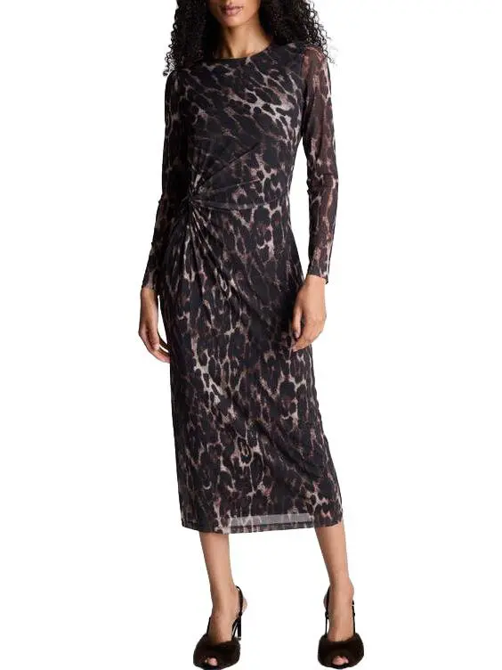 KENNETH COLE Long Sleeve Knot Front Mesh Midi Dress - Black Multi