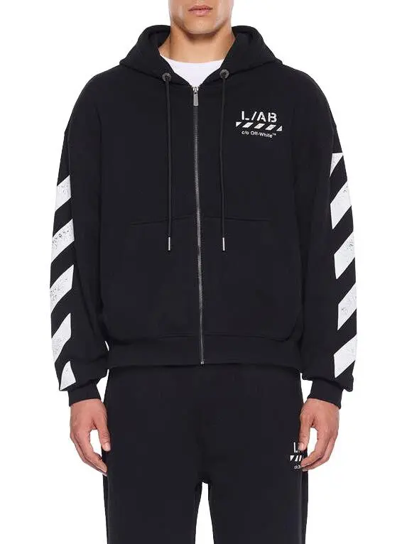 L/AB C/O OFF-WHITE L/ab Off- Diagonal Stripe Logo French Terry Zip Hoodie - Black