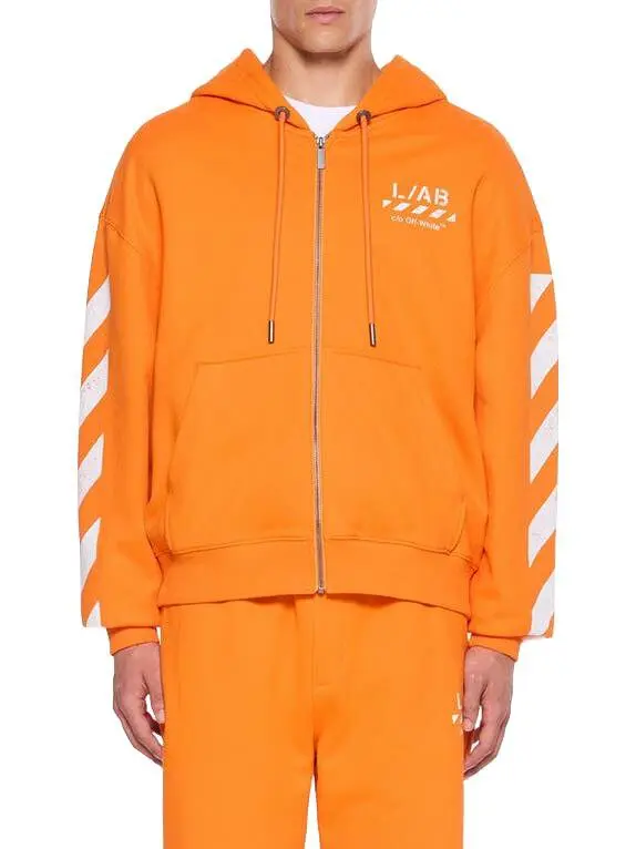 L/AB C/O OFF-WHITE L/ab Off- Diagonal Stripe Logo French Terry Zip Hoodie - Orange Tiger