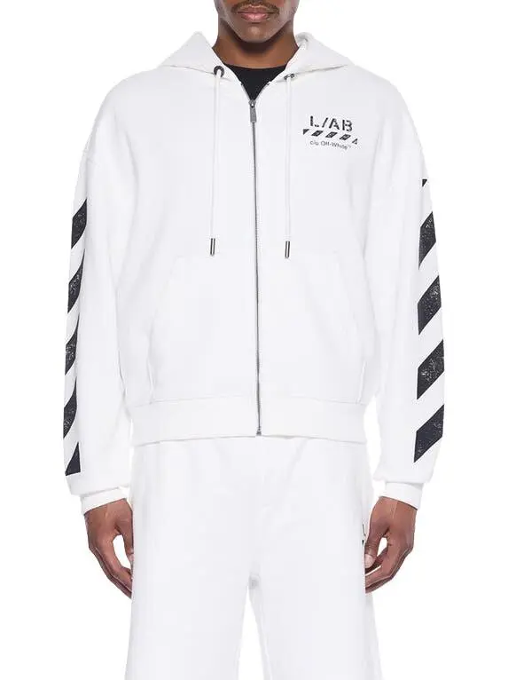L/AB C/O OFF-WHITE L/ab Off- Diagonal Stripe Logo French Terry Zip Hoodie - White