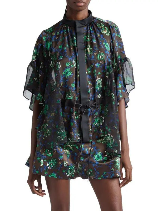 Sacai Floral Print Sheer Inset Shirt - Brown