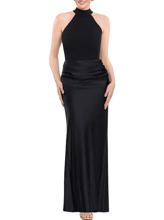Betsy & Adam Sleeveless Mock Neck Satin Gown - Black