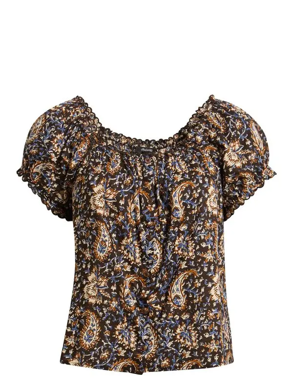 Madewell Paisley Print Puff Sleeve Cotton Top - Molasses