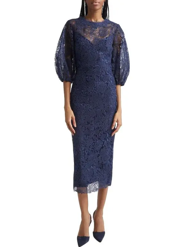 Carolina Herrera Lace Midi Pencil Dress With Balloon Sleeves - Midnight