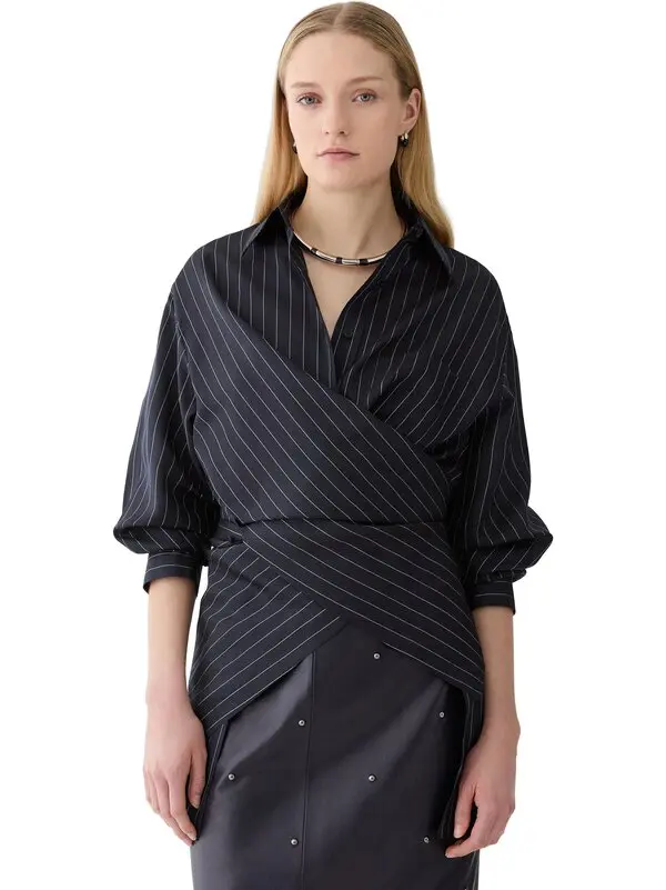 Lafayette 148 New York Pinstripe Silk Convertible Wrap Blouse - Ink Multi