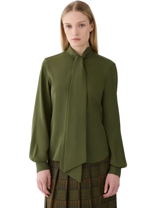 Lafayette 148 New York Organic Silk Stretch Georgette Tie Neck Blouse - Forest