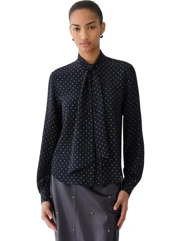 Lafayette 148 New York Polka Dot Print Silk Tie Neck Blouse - Ink Multi