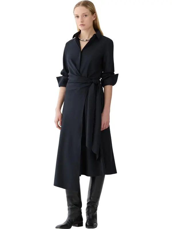 Lafayette 148 New York Brushed Wool Midi Wrap Shirt Dress - Blue Ink