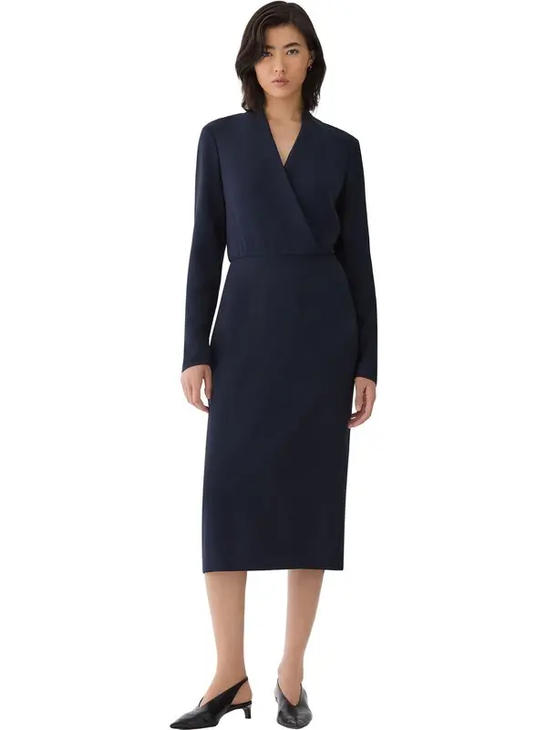 Lafayette 148 New York Crepe Long Sleeve V-neck Dress - Blue Ink