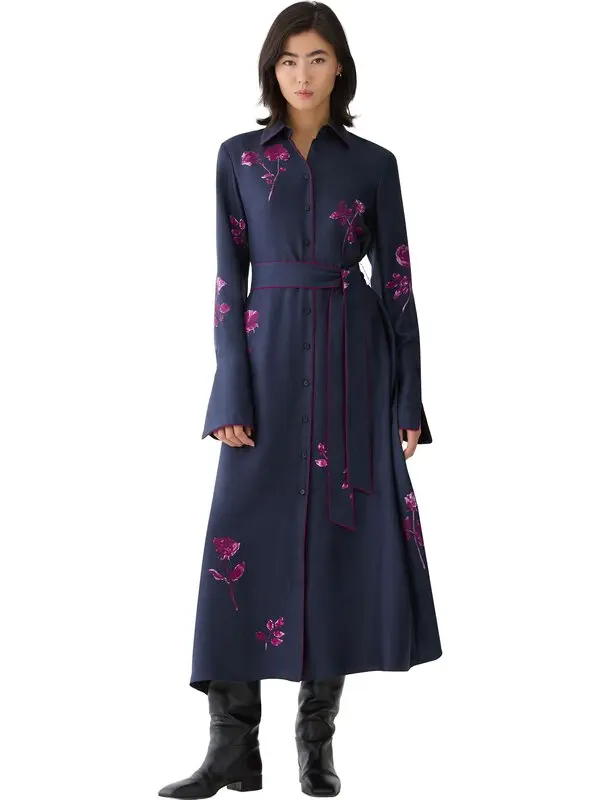 Lafayette 148 New York Rose Print Silk Twill Belted Shirt Dress - Ink Multi