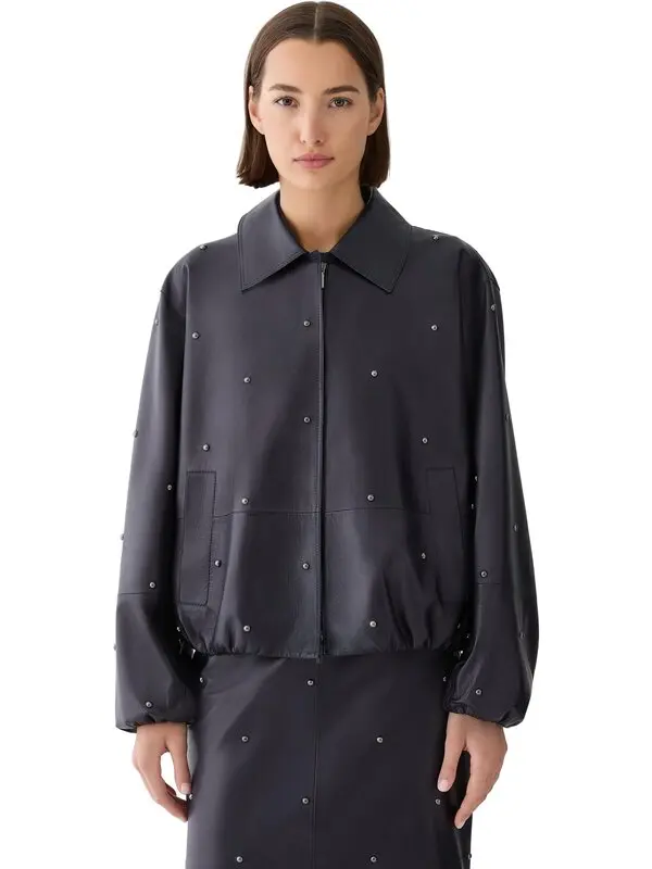 Lafayette 148 New York Studded Nappa Leather Bomber Jacket - Blue Ink