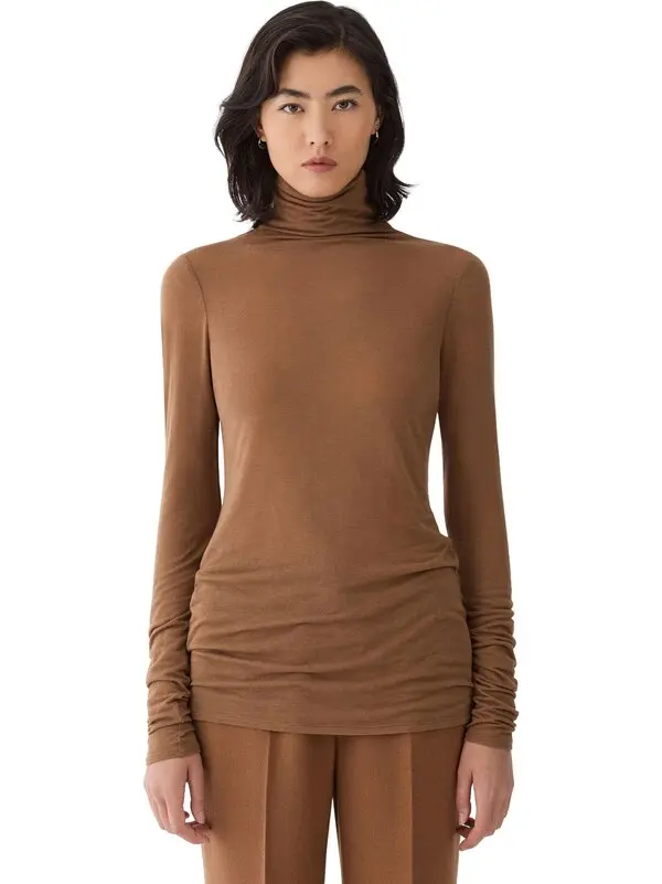Lafayette 148 New York Viscose Cashmere Jersey Slim Turtleneck - Vicuna