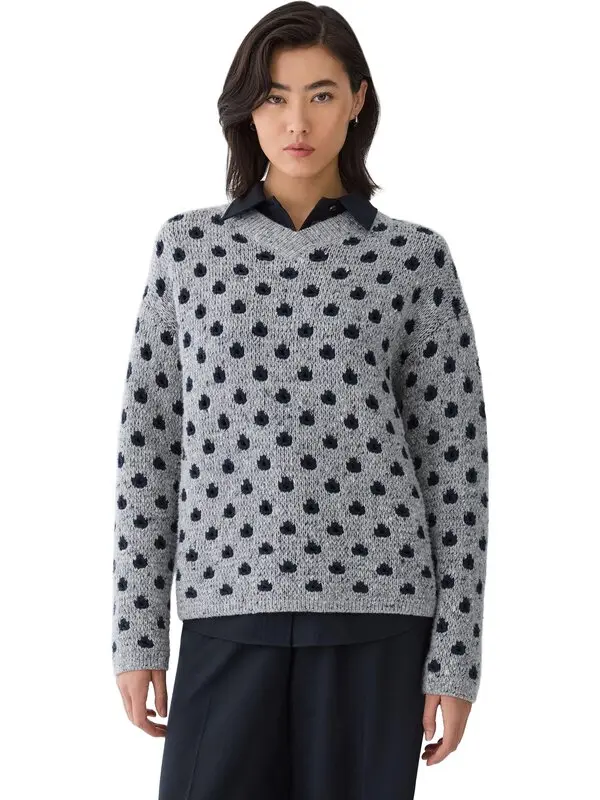 Lafayette 148 New York Polka Dot Jacquard V-neck Sweater - Dove Multi