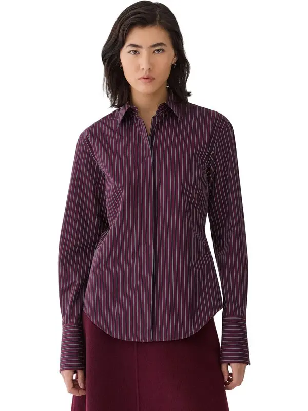 Lafayette 148 New York Petite Pinstripe Cotton Tailored Shirt - Aubergine Multi