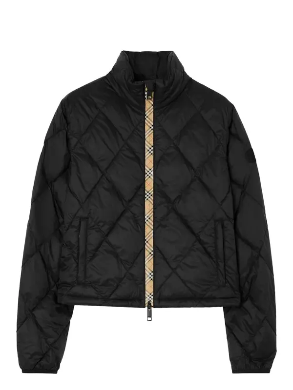 Burberry Quilted Down Jacket With Check Detail - Black