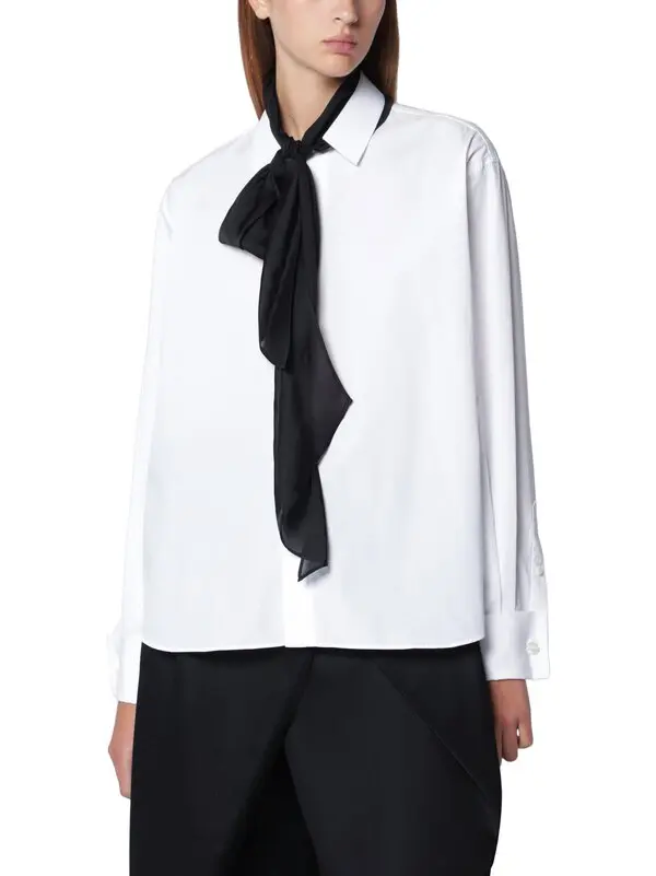 Sacai Cotton Blend Shirt With Integrated Black Scarf - White