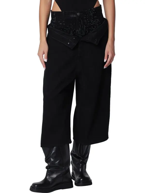 Attico Wide-leg Jeans Embellished With Crystals - Black