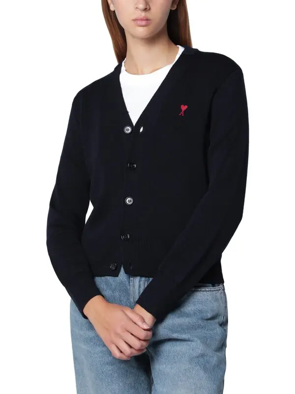AMI Paris Navy Merino Wool De Cœur Cardigan - Blue
