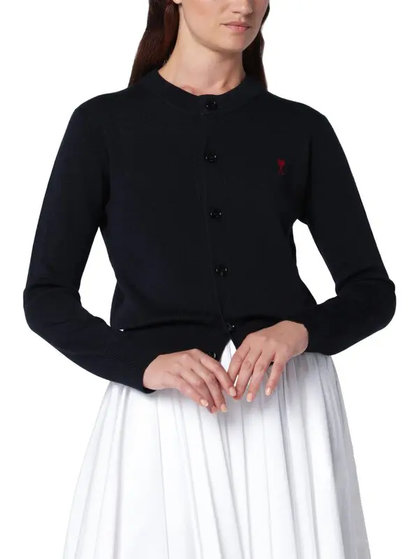 AMI Paris Navy Merino Wool De Cœur Cardigan - Blue