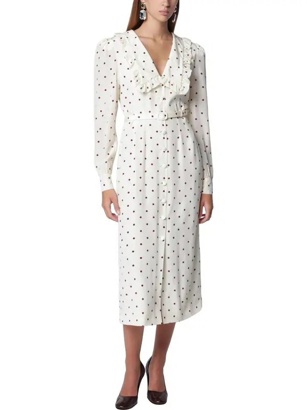 Alessandra Rich Cream Silk Midi Dress With Burgundy Polka Dots - White