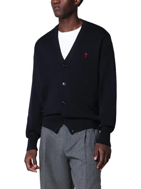 AMI Paris Navy Merino Wool Cardigan With De Coeur Embroidery - Blue