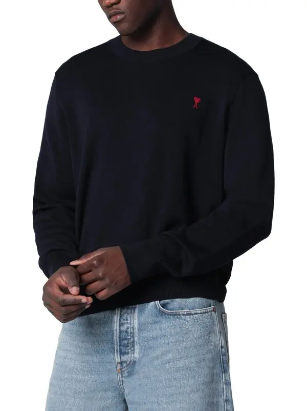 AMI Paris Navy Wool Crewneck Sweater With De Coeur Embroidery - Blue