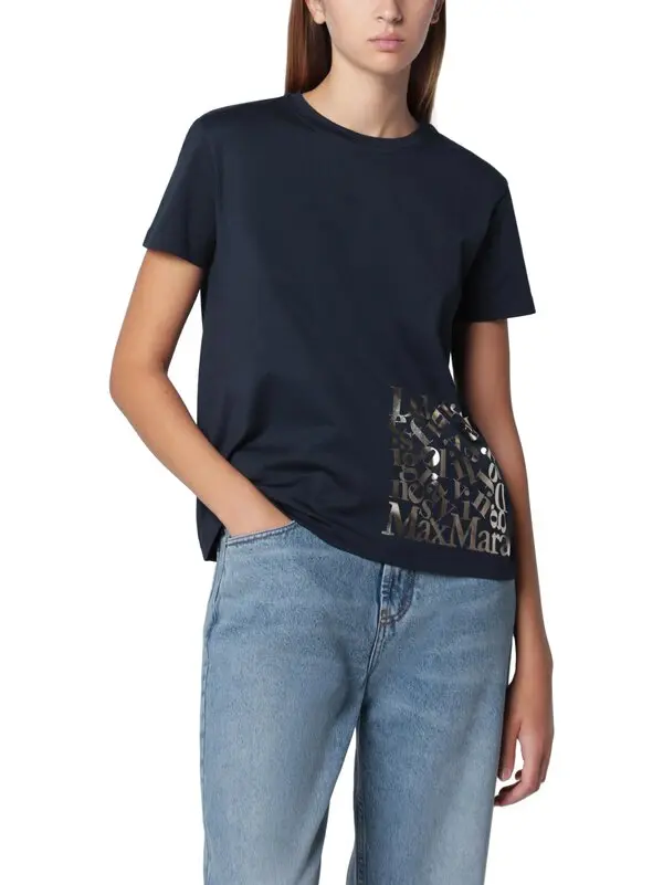 Max Mara Navy Cotton T-shirt With Logo Print - Blue