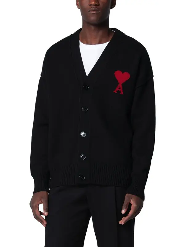 AMI Paris V-neck Wool Cardigan With De Coeur Logo - Black