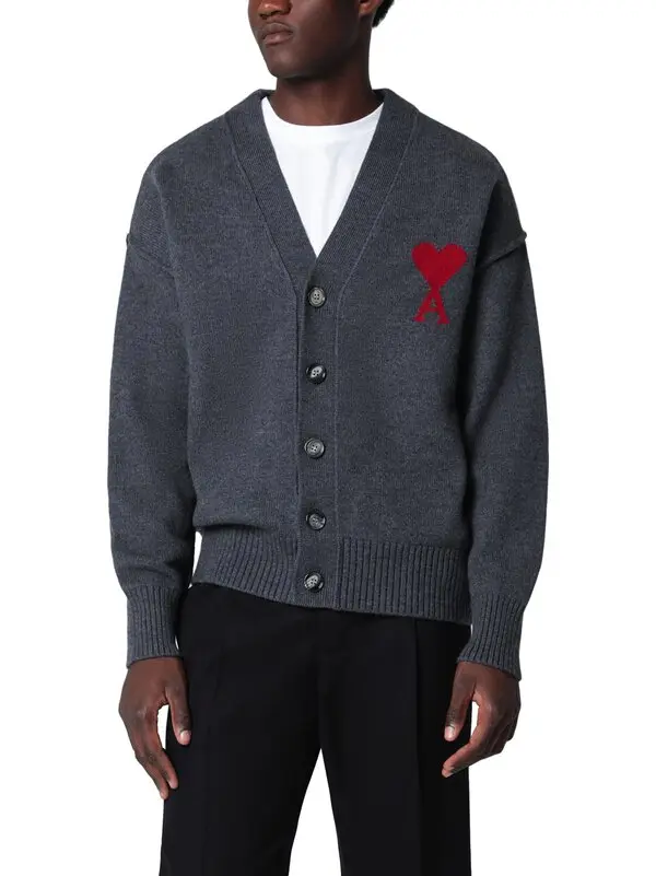 AMI Paris Virgin Wool Cardigan With De Coeur Logo - Grey