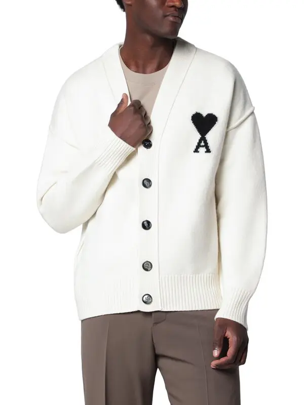 AMI Paris Virgin Wool V-neck Cardigan With De Coeur Logo - White