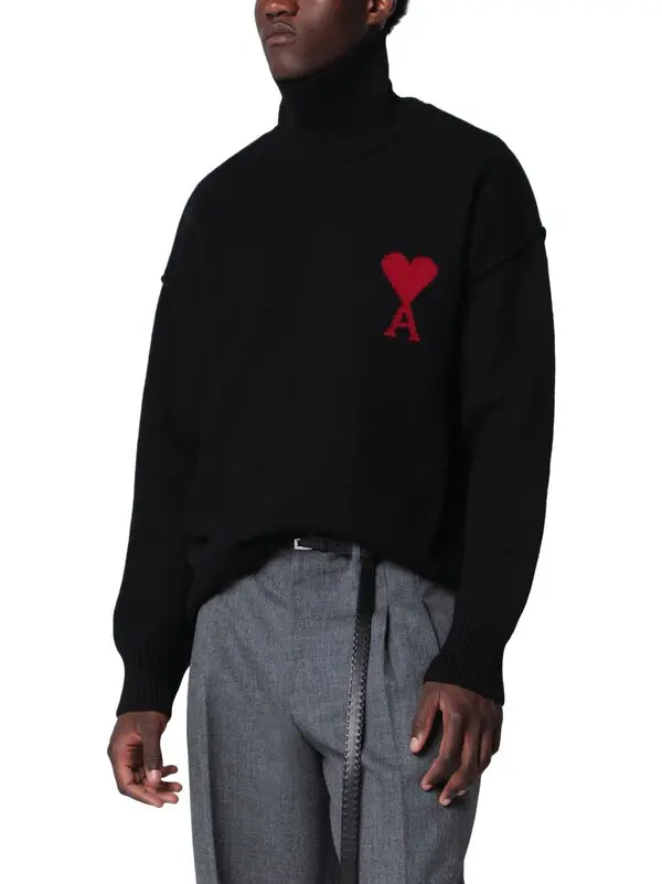 AMI Paris Wool Turtleneck Sweater With De Coeur Logo - Black