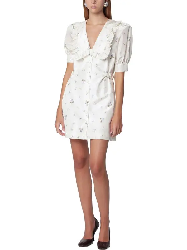Alessandra Rich Silk Taffeta Floral Print Mini Dress - White