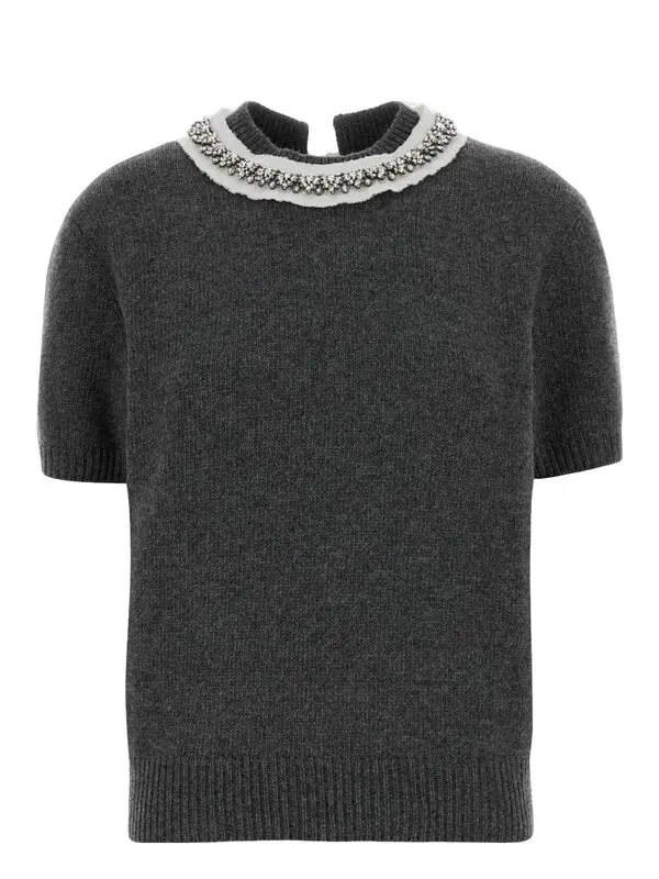 Prada Short Sleeve Wool-cashmere Sweater With Embellished Neckline - Gray