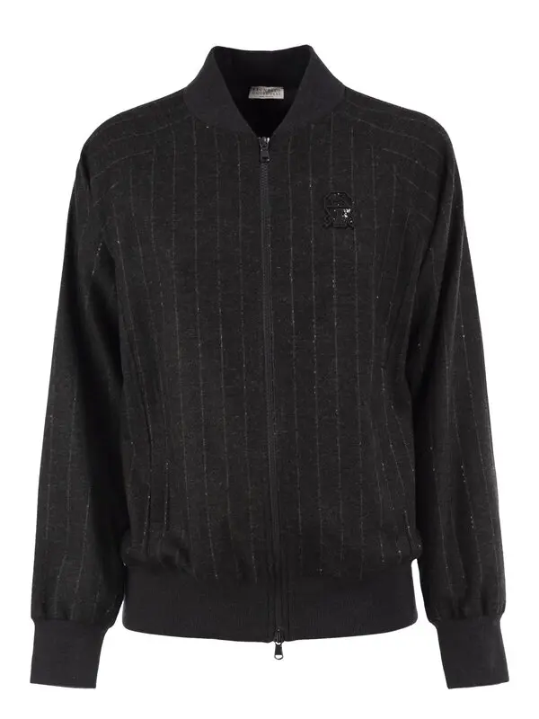 Brunello Cucinelli Pinstripe Wool-blend Bomber Jacket With Sequined Crest - Multicolor