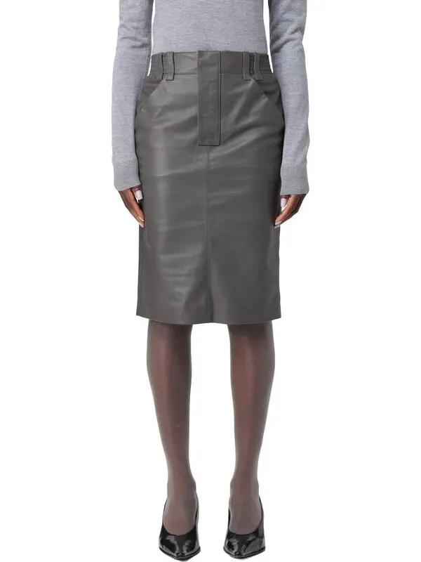Saint Laurent Grey Lambskin Leather Midi Skirt - Gray