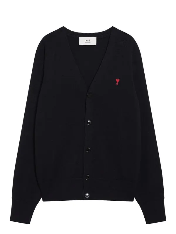 AMI Paris Navy Merino Wool De Coeur Cardigan - Blue