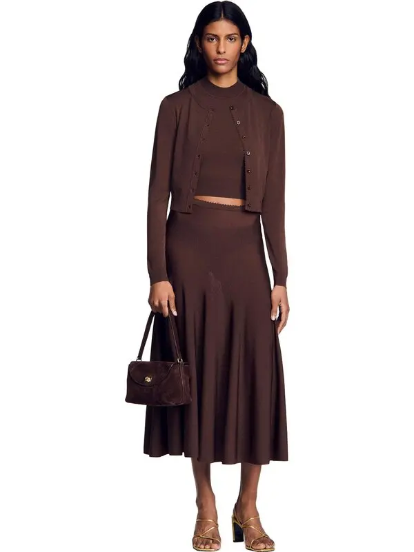 Sandro Cropped Fine Knit Cardigan With Decorative Trim - Brown