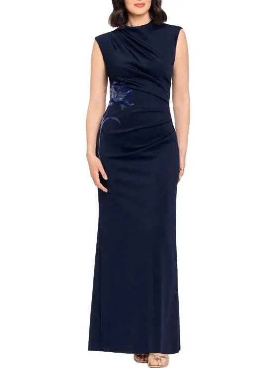 Betsy & Adam Sequin Appliqué Scuba Gown - Navy